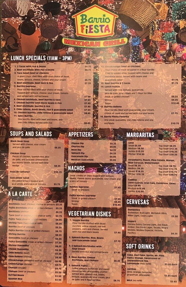 Menu at Barrio Fiesta, Alabaster