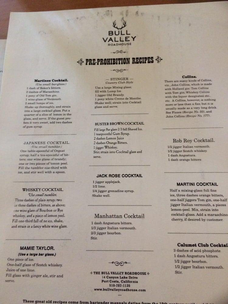 Menu at Bull Valley Roadhouse pub & bar, Port Costa