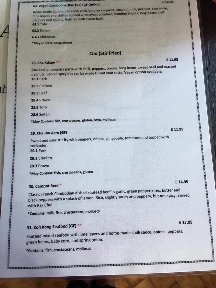 Menu at Cambodian Cuisine at the Carpenters Arms pub & bar, Witney
