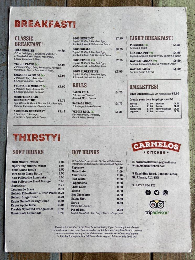 Carta de pizzería Carmelo's, Saint Albans