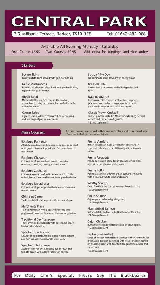 Menu at Central Park pizzeria, Redcar, 7-9 Millbank Terrace
