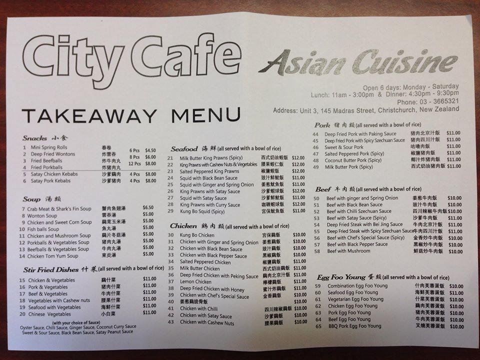 Menu at City Cafe Asian Cuisine, Christchurch