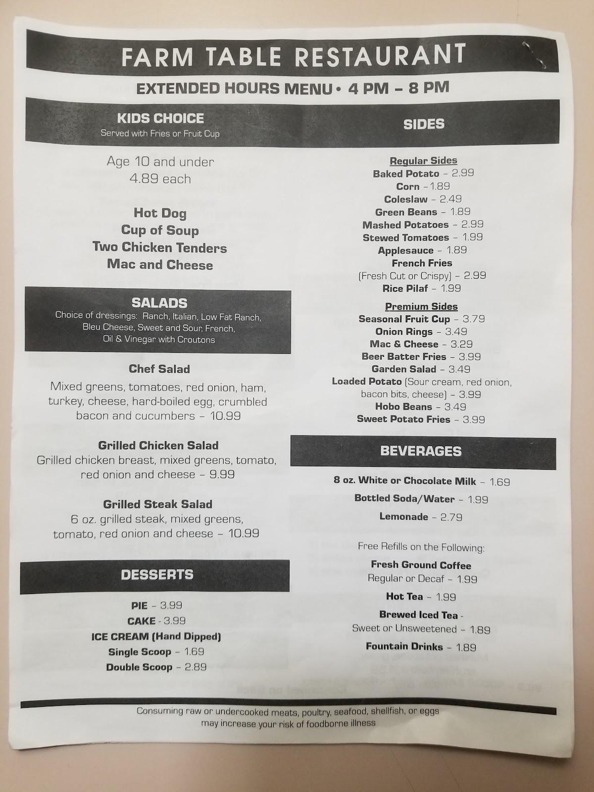 Menu at Farm Table Restaurant, Clearfield
