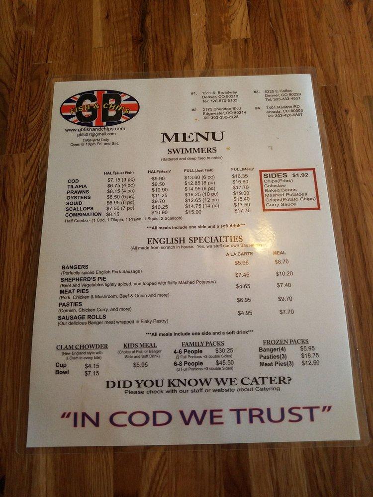 Menu at GB Fish & Chips restaurant, Arvada