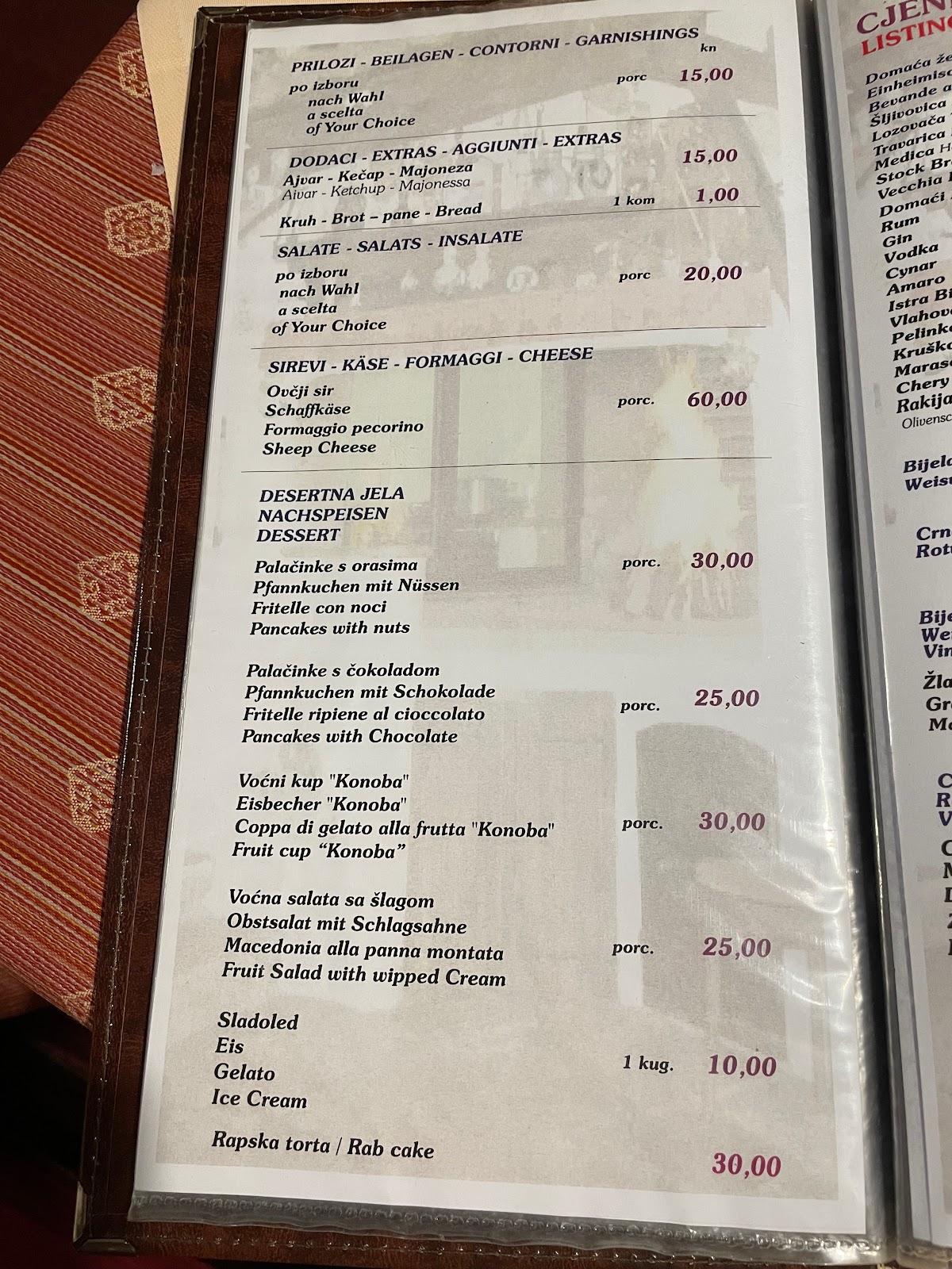 Menu at Rab restaurant, Rab
