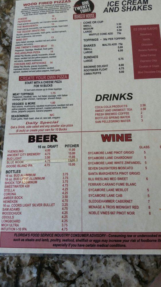 Menu at One Twenty Three Burger House restaurant, St. Augustine