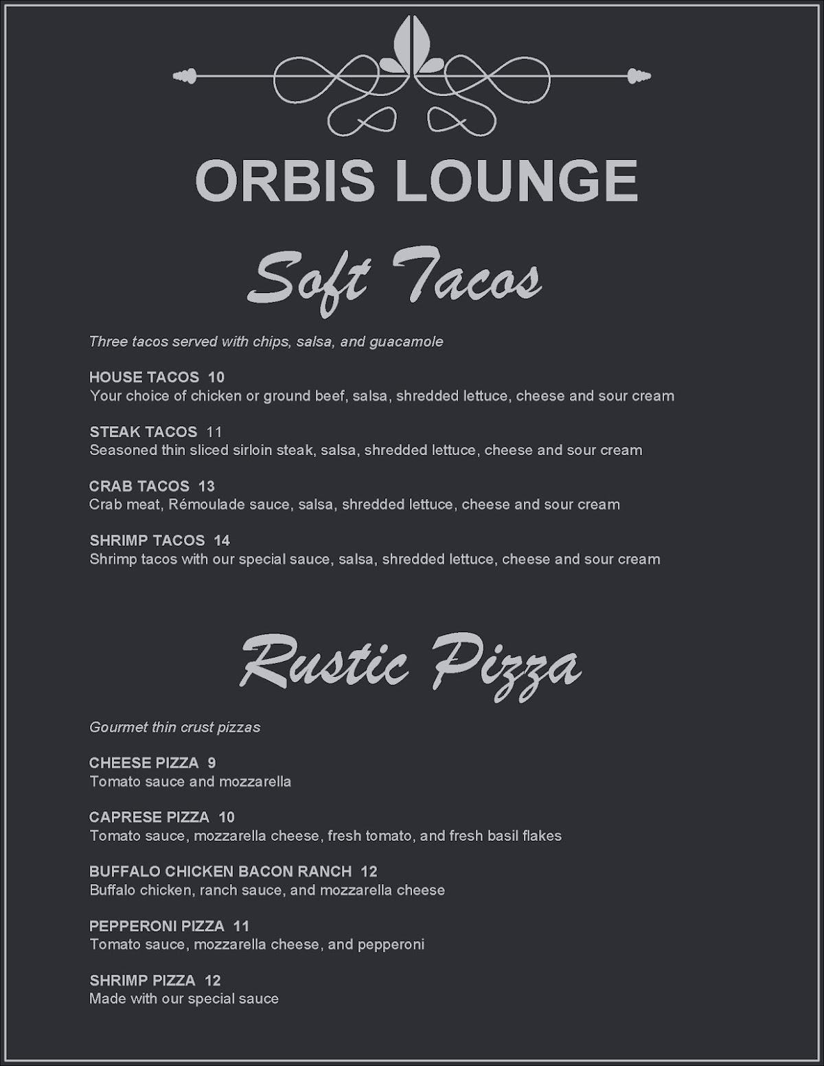 Menu at Orbis Lounge pub & bar, Syracuse