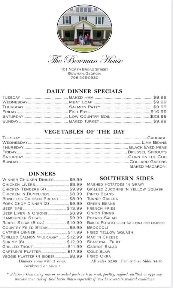 Menu at The Bowman House southern kitchen restaurant, Bowman