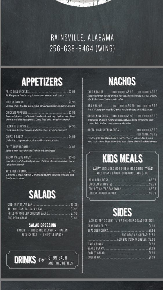 Menu at Topher's Wings BBQ, Rainsville