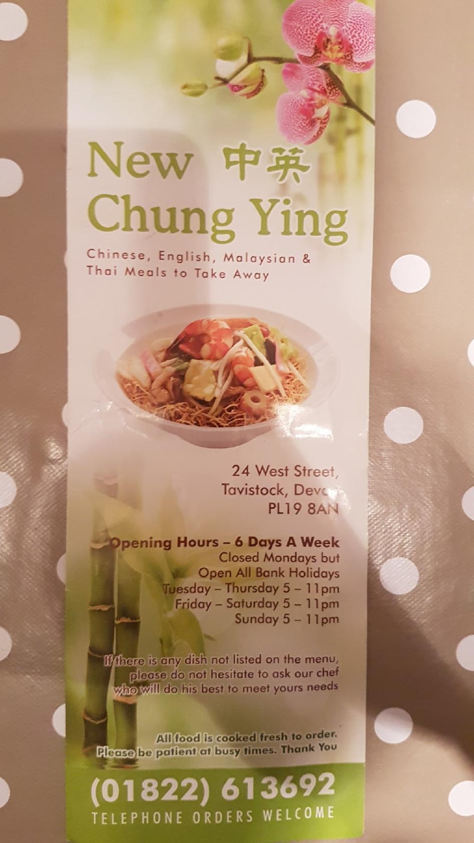 Menu at Chung Ying fast food, Tavistock