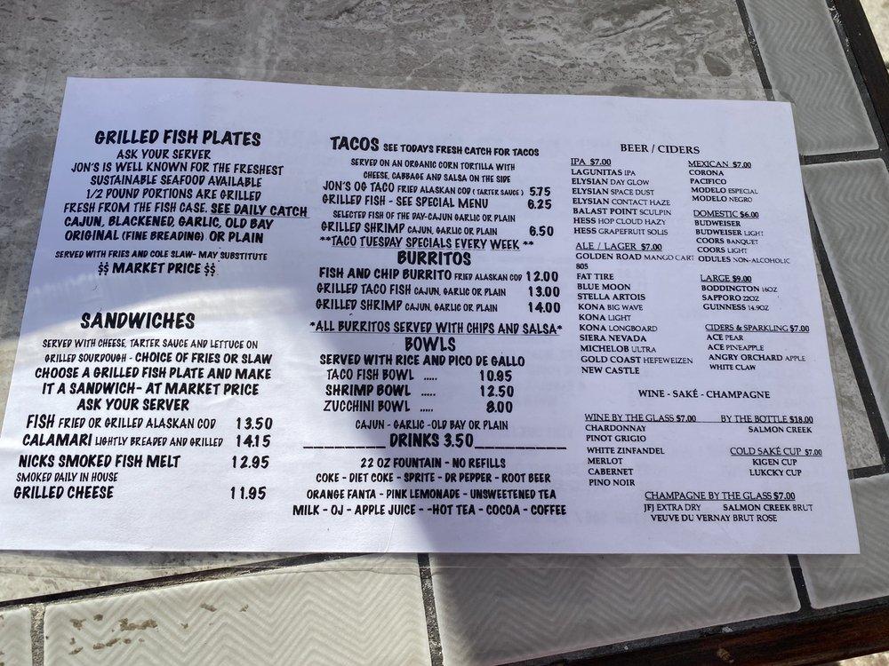 Menu at Jon's Fish Market restaurant, Dana Point