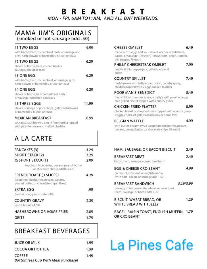 Menu at La Pines Cafe, Slidell