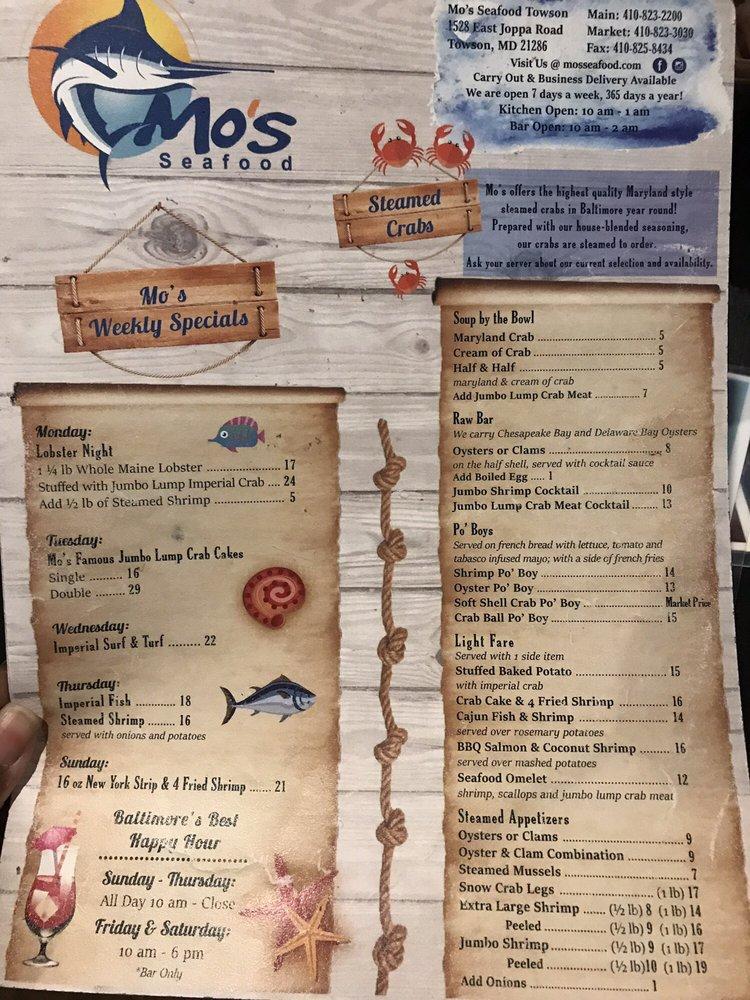 Menu at Mo's Seafood restaurant, Towson, E Joppa Rd