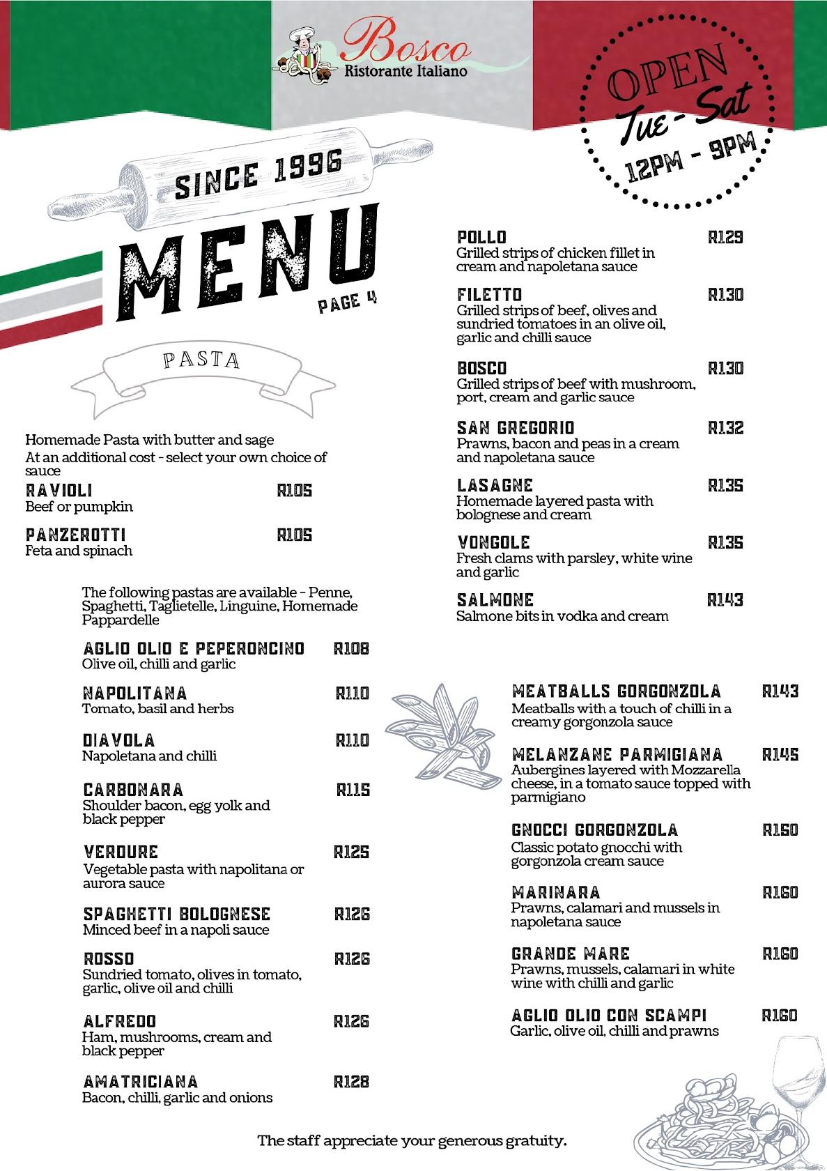 Menu at Bosco Ristorante Italiano restaurant, Randburg