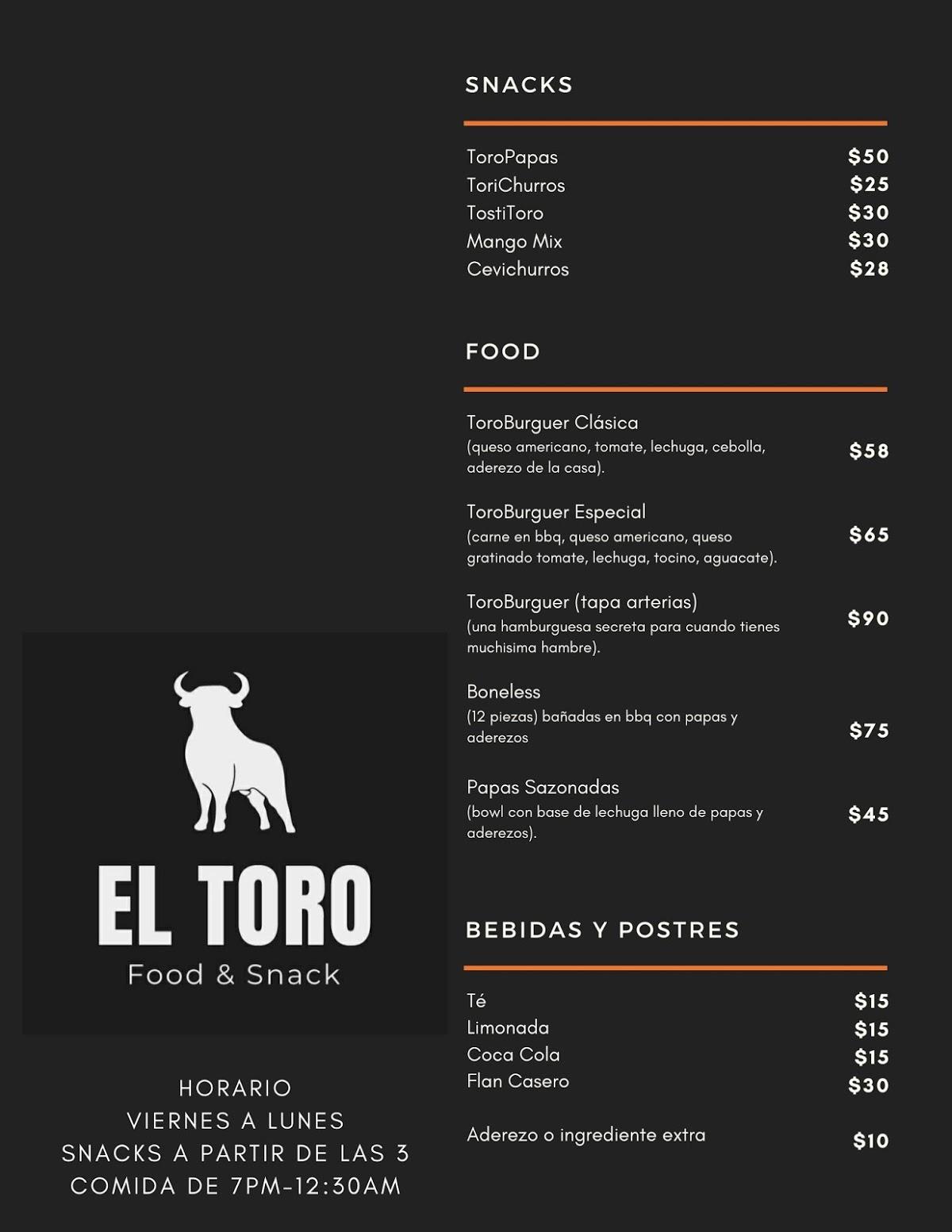 Menu at El Toro Food & Snack restaurant, Guasave