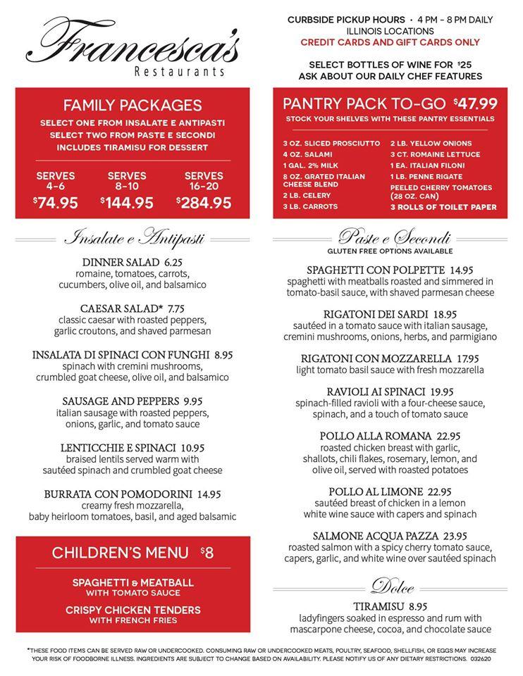 Menu at Francesca's Vicinato restaurant, Palos Park