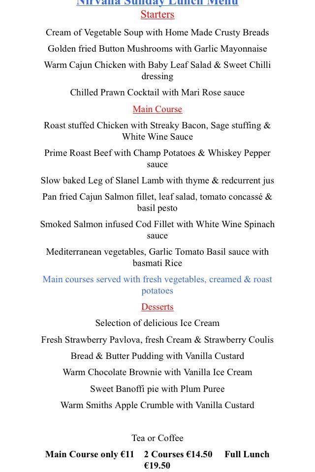 Menu at Nirvana Restaurant, Ballyshannon