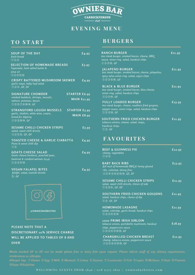 Menu at Ownies Bar and Bistro, Carrickfergus