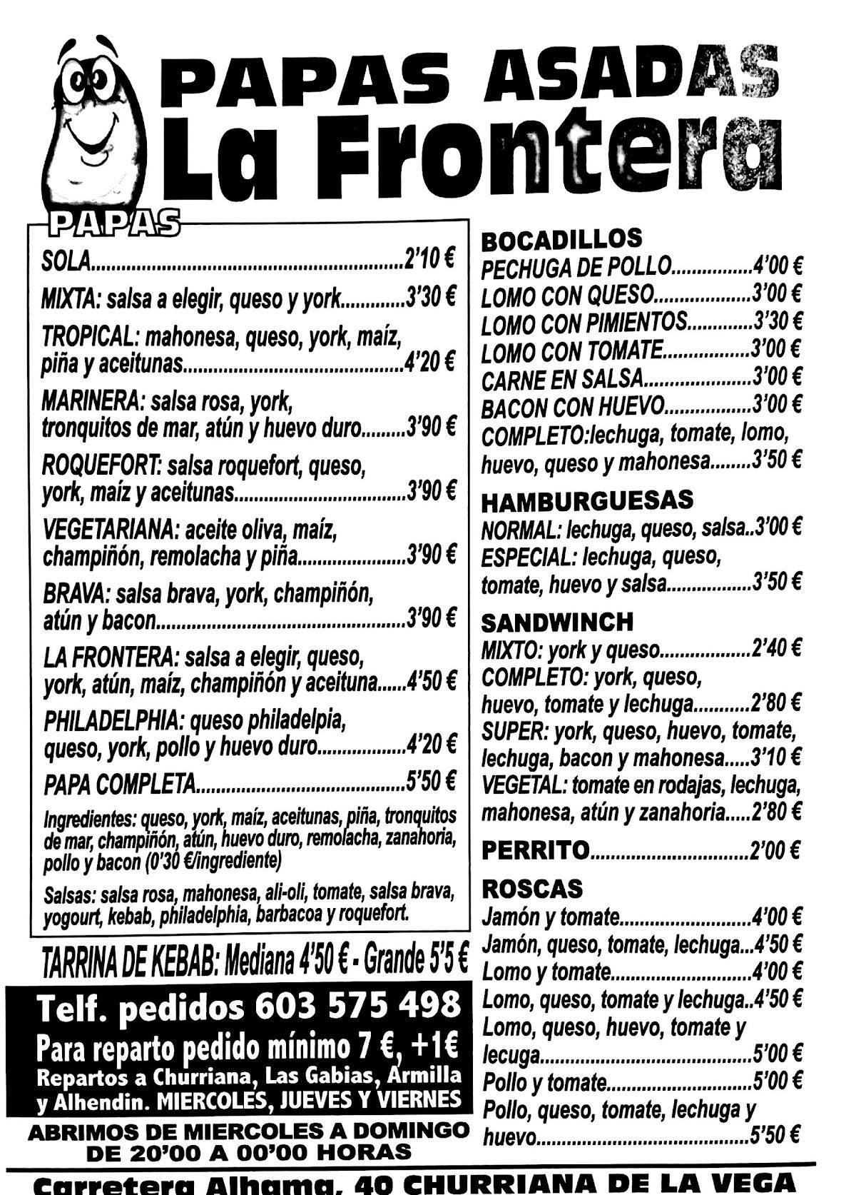 Carta del restaurante Patatas asadas La Frontera, Churriana del la Vega