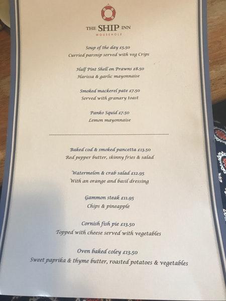 Menu at Ship Inn, Mousehole pub & bar, Penzance