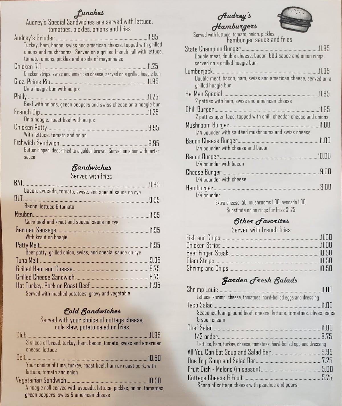 Menu at Audrey's Restaurant, Newport, U.S. Rte 2