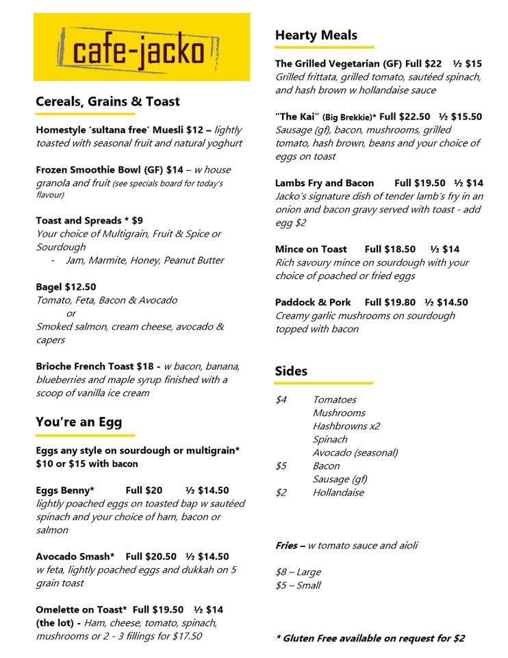 Menu at Cafe Jacko, Palmerston North