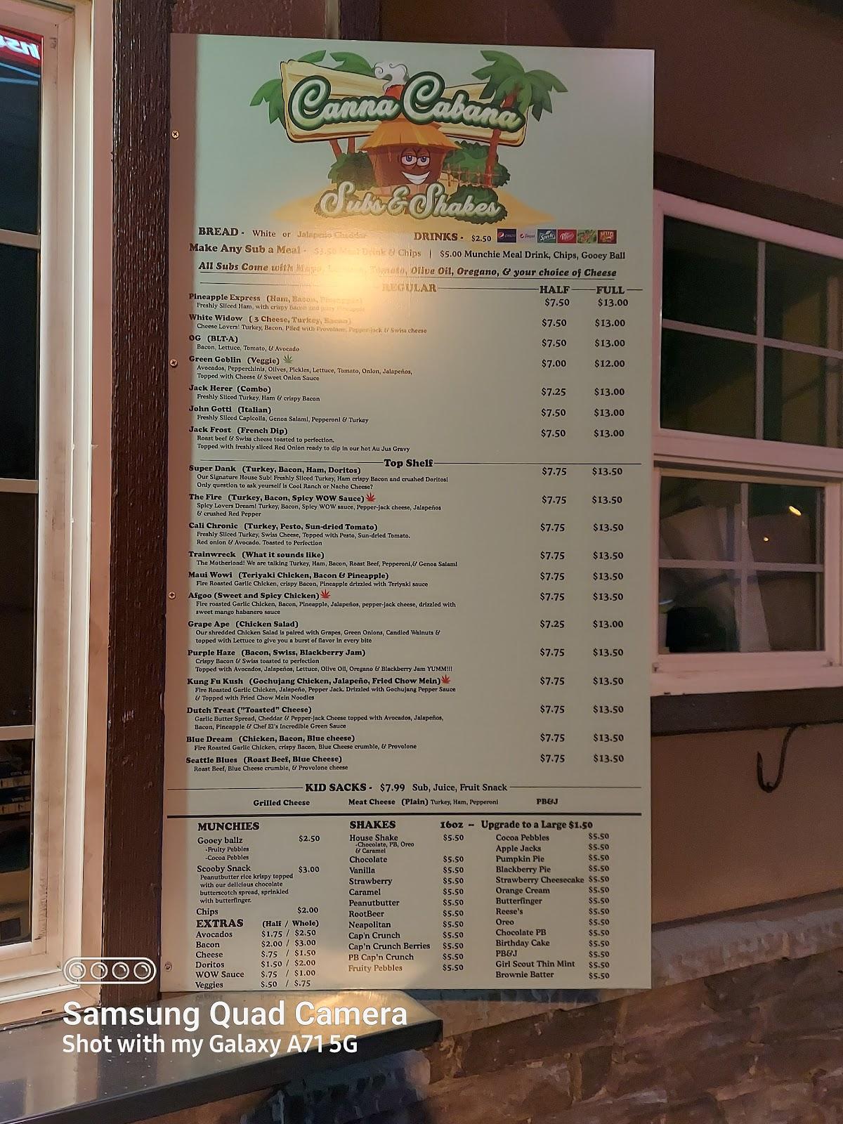 Carta del restaurante Canna Cabana Subs & Shakes, Lacey
