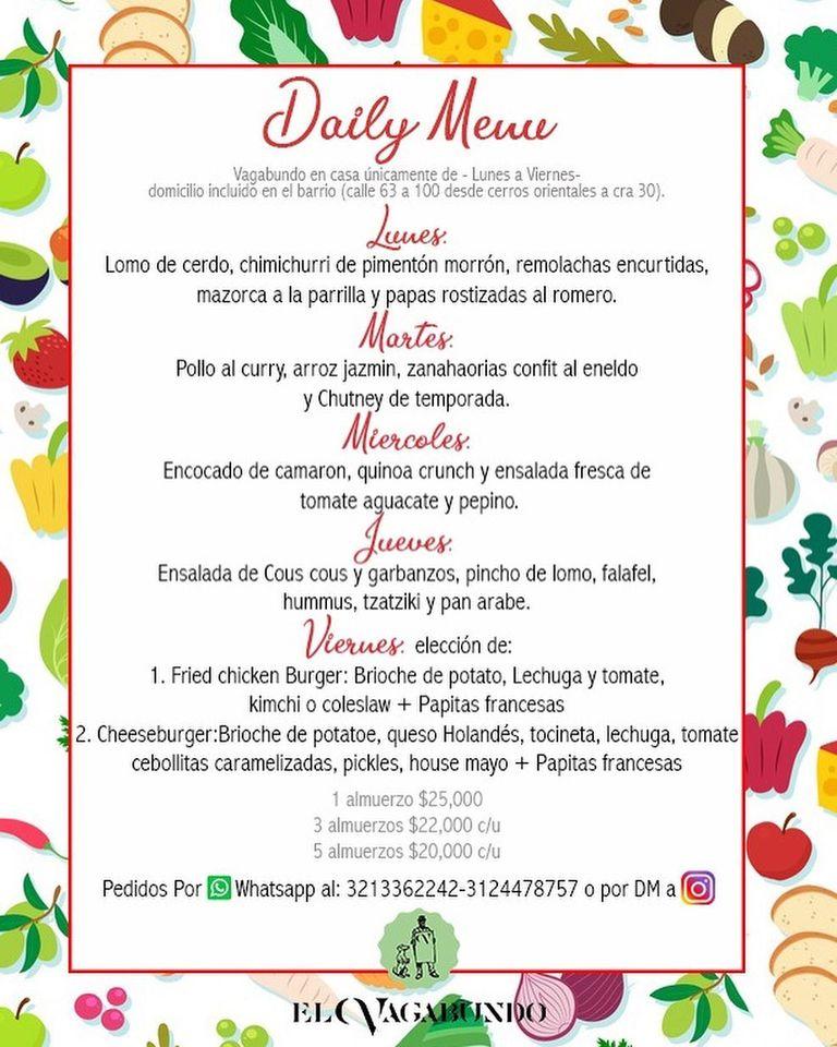 Menu at El Vagabundo, Colombia