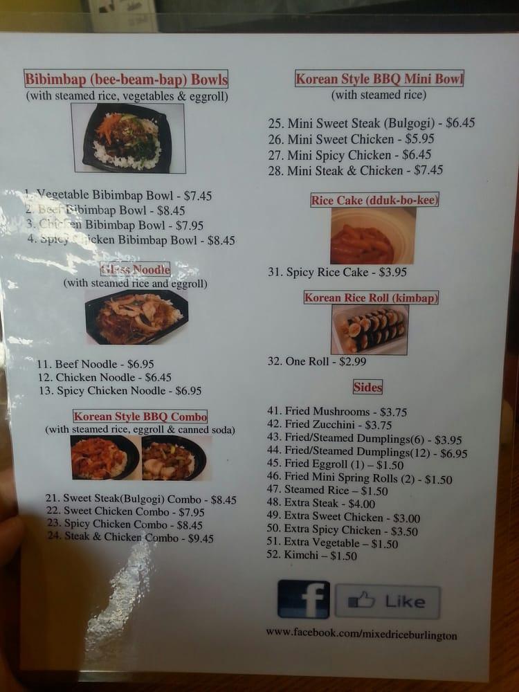 Menu at Mixed Rice restaurant, Burlington