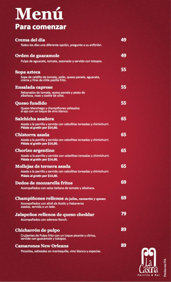 Menu at Restaurante La Casona, Merida