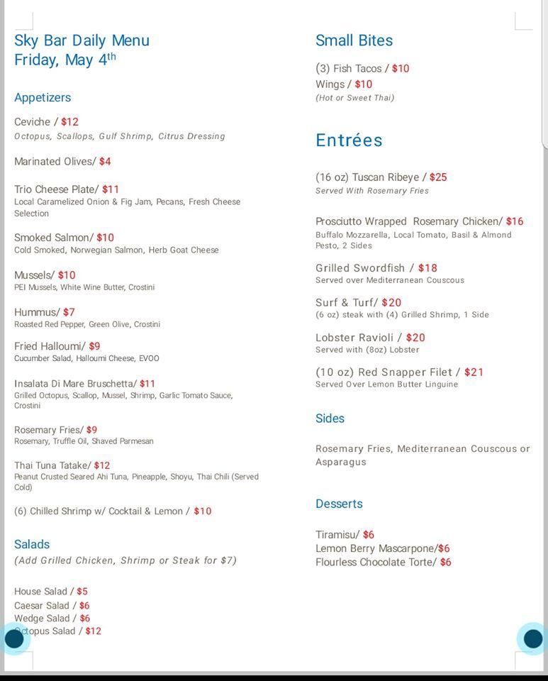 Menu at Sky Bar, Fredericksburg