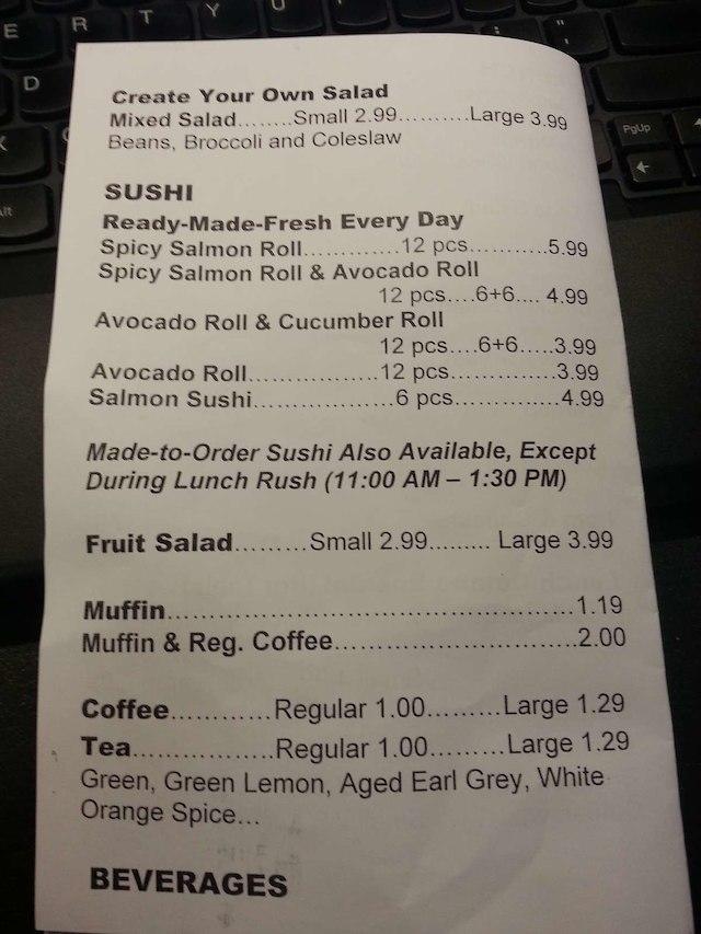 Menu at Sushi Cafe, Toronto, 33 University Ave
