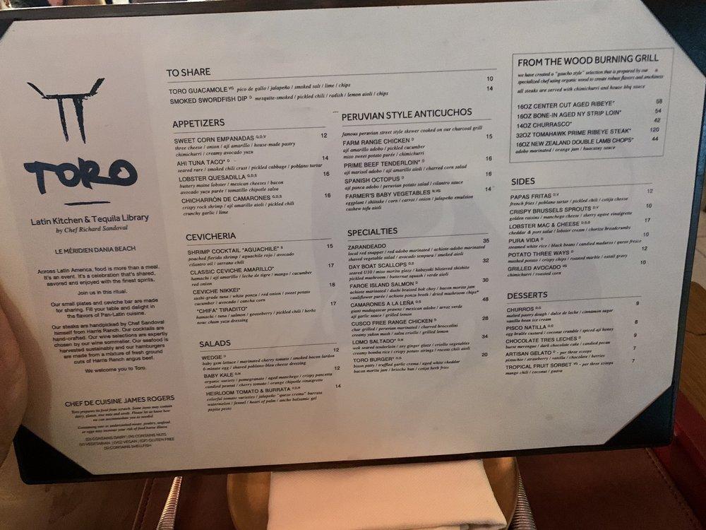 Carta del restaurante TORO Latin Kitchen & Tequila Library, Dania Beach