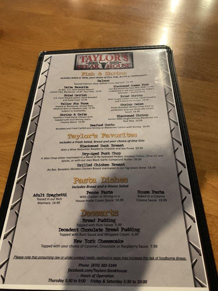 Menu at Taylor's steakhouse, Dumas