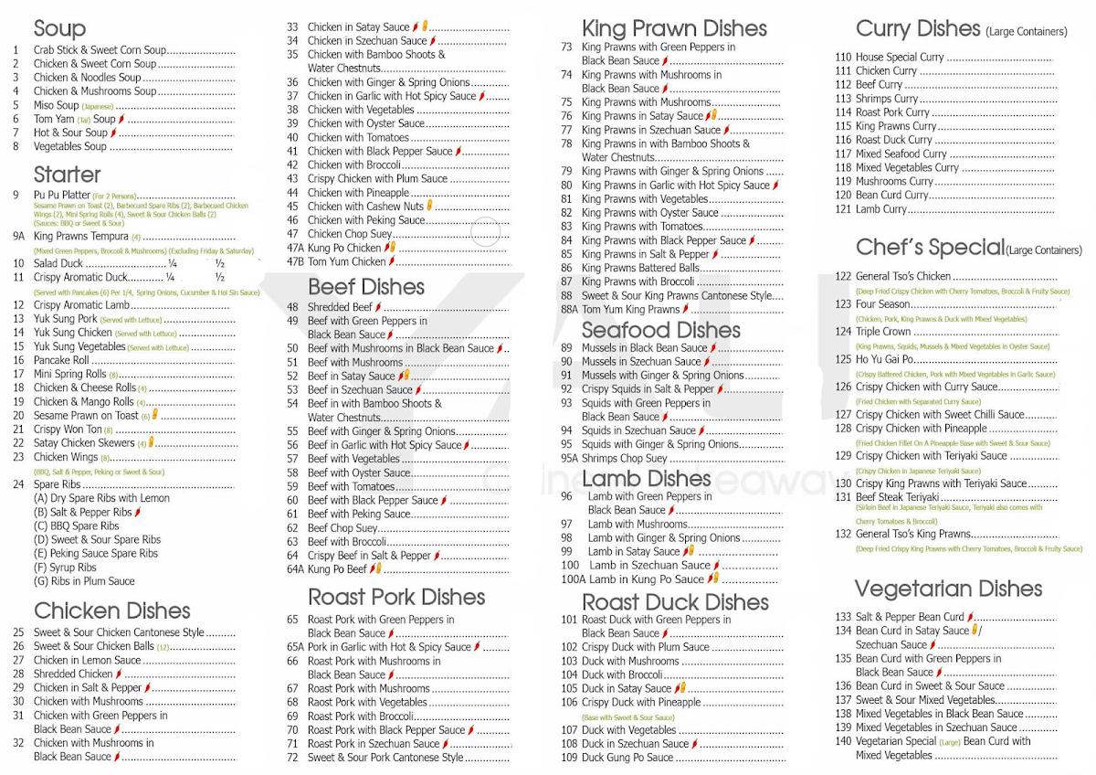 Menu at Yau Chinese Takeaway restaurant, Sutton Coldfield