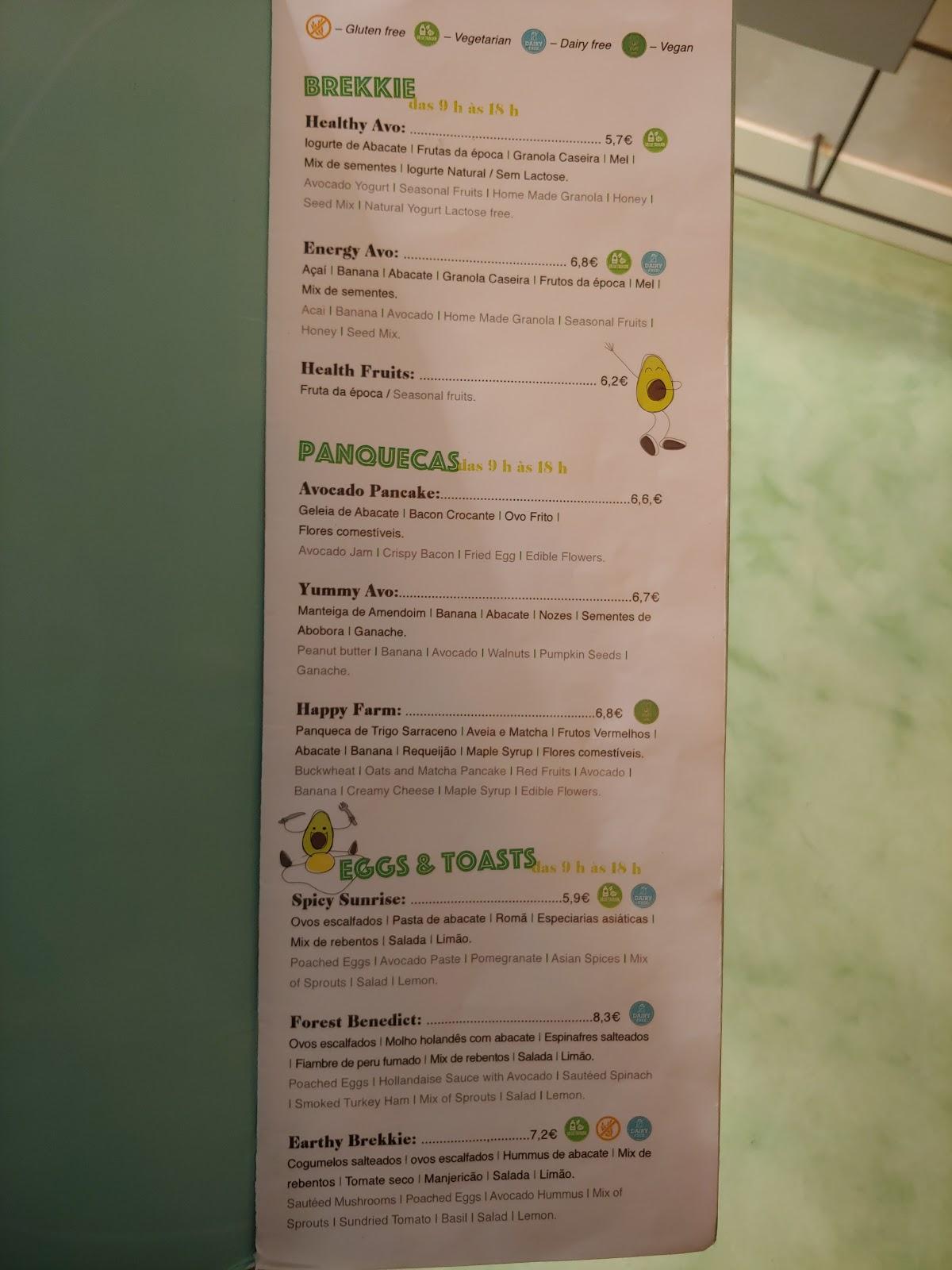 Menu at Avocado House Lisbon cafe, Lisbon