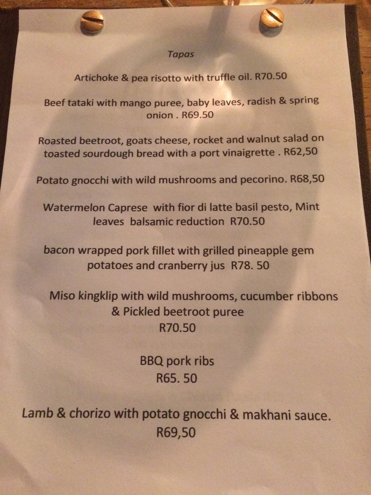 Menu at Bouchon Bistro restaurant, Cape Town