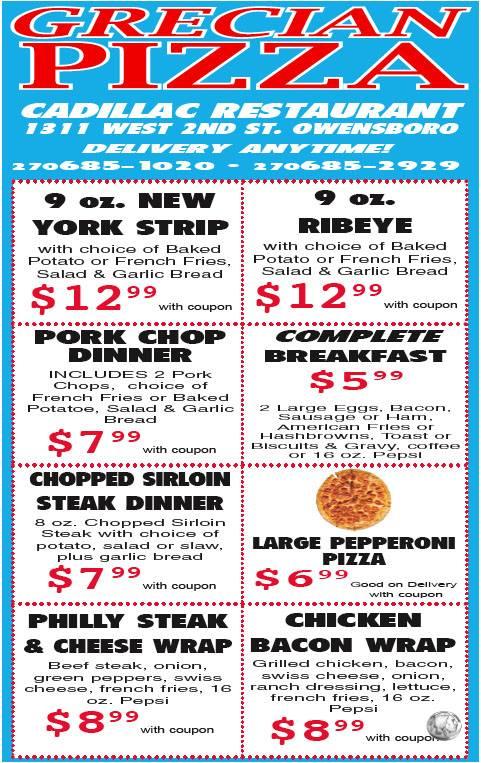 Menu at Cadillac Restaurant & Grecian, Owensboro
