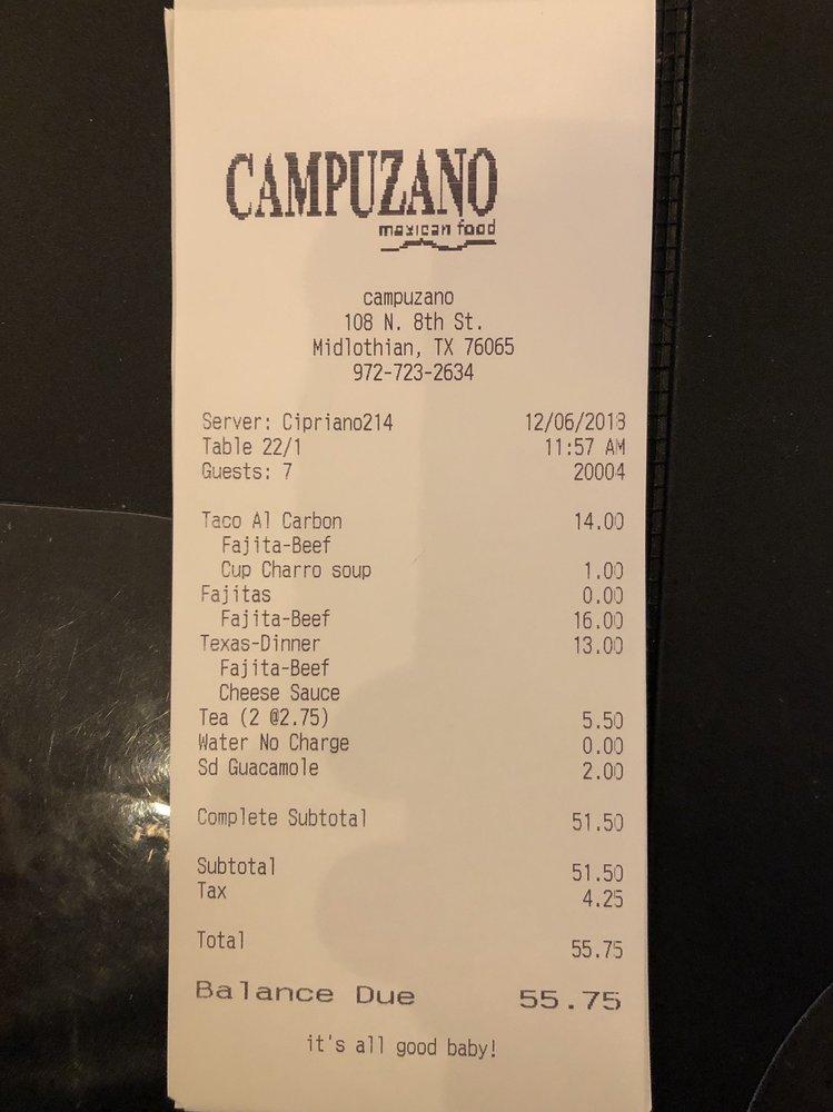 Menu at Campuzano Fine Mexican Food pub & bar, Midlothian, 108 N 8th St