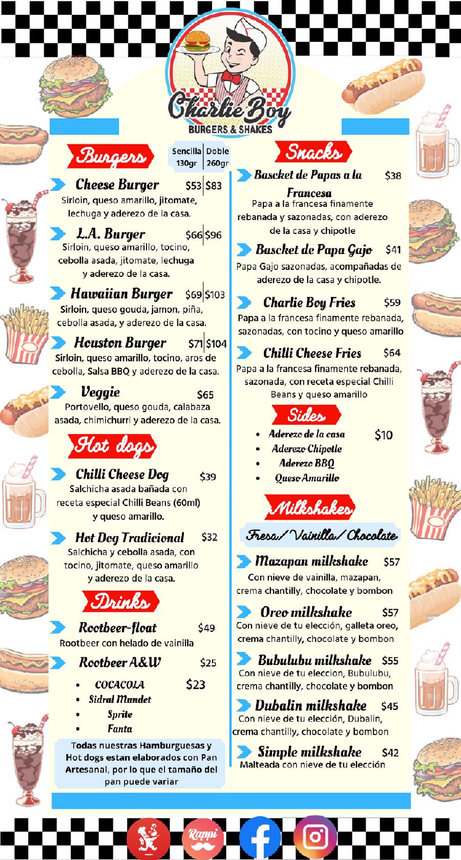 Menu at Charlie boy burgers & shakes restaurant, Zapopan