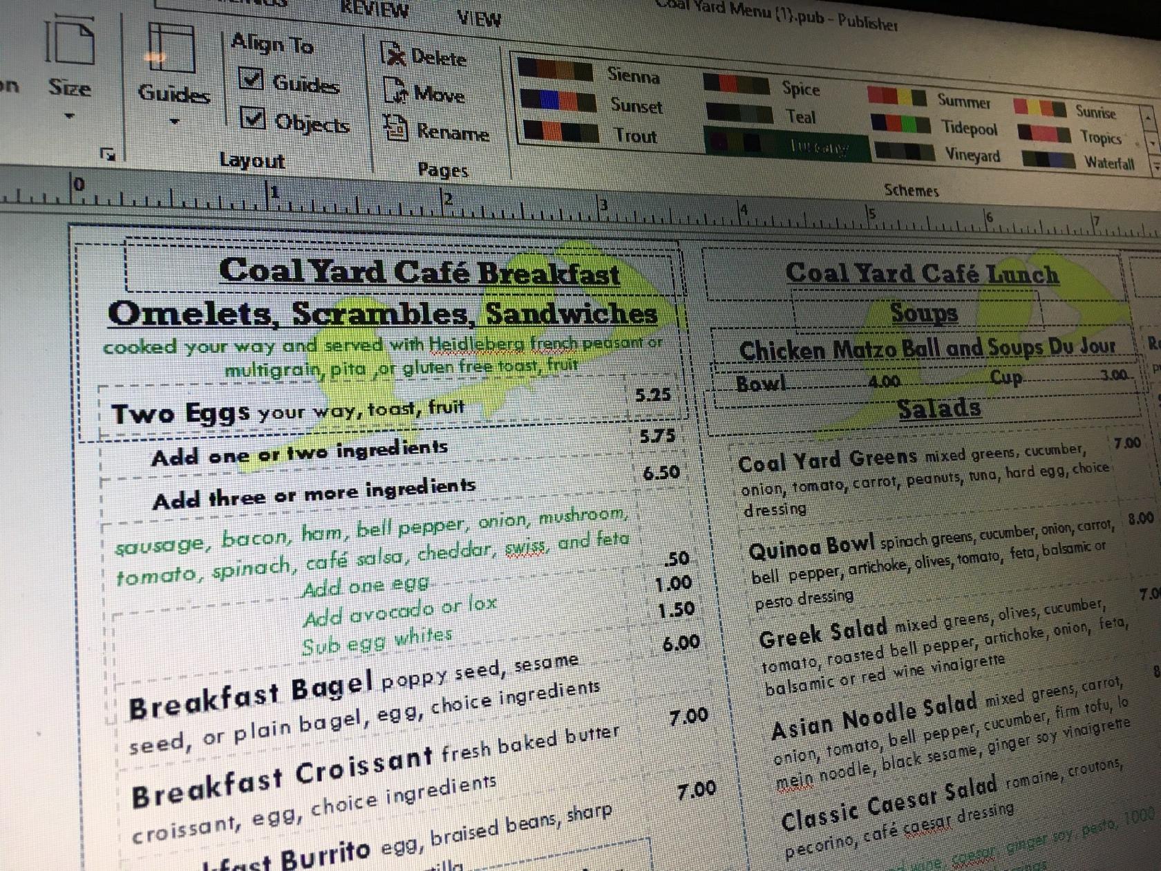 Menu at Coal Yard Cafe, Ithaca