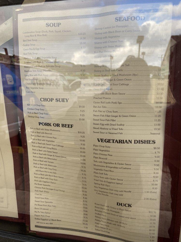 Menu at Kin Wah Chop Suey restaurant, Kaneohe