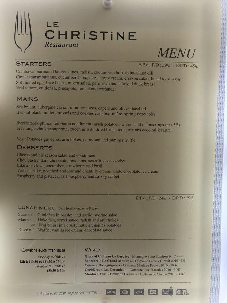 Carta del restaurante Le Christine., Paris, 1 Rue Christine