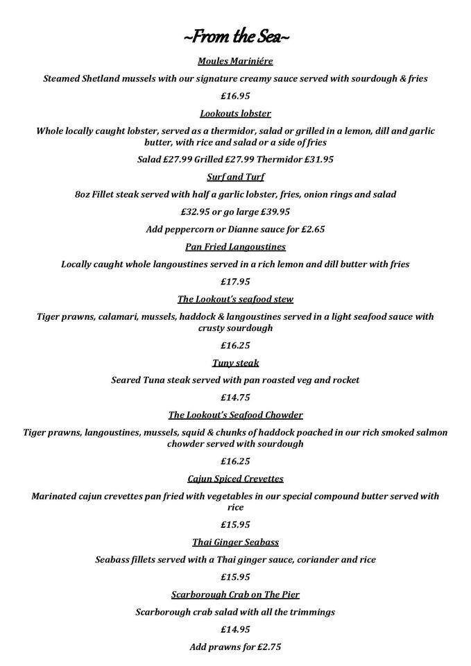 Menu at Lookout on the Pier cafe, Scarborough
