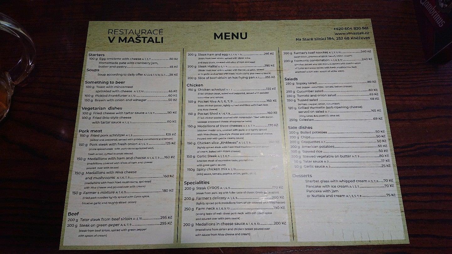 Menu at Pension and restaurant "V Maštali", Kněževes