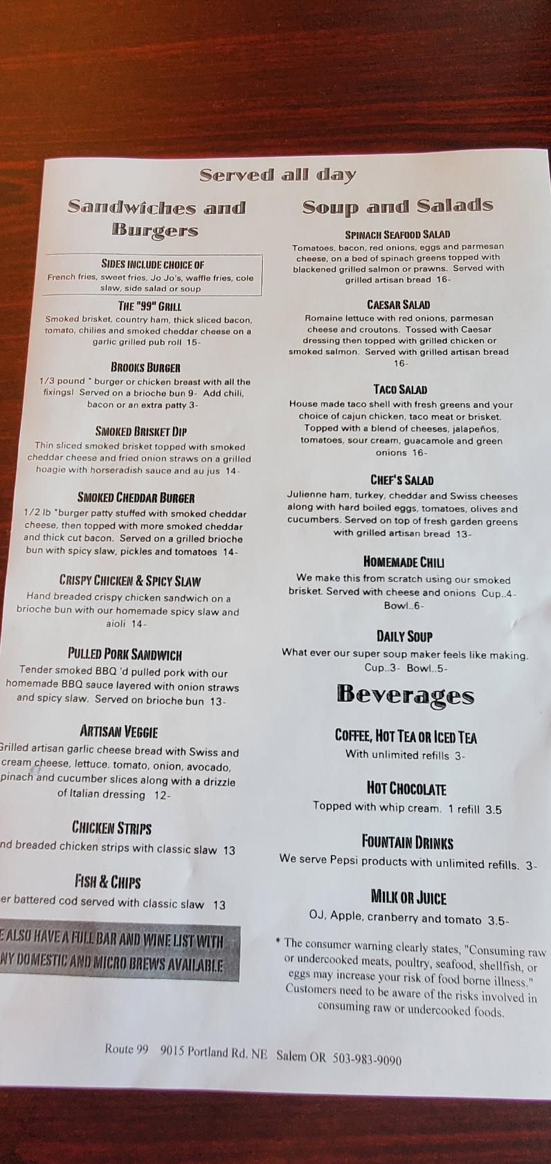 Menu at Route 99 pub & bar, Salem