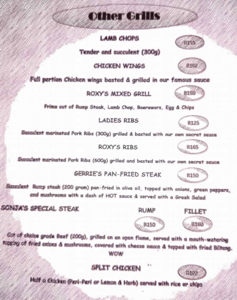 Menu at Roxy's Diner pub & bar, Bronkhorstspruit