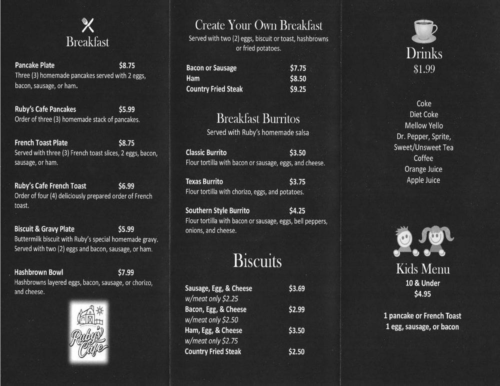 Menu at Ruby's Cafe, Lewisburg