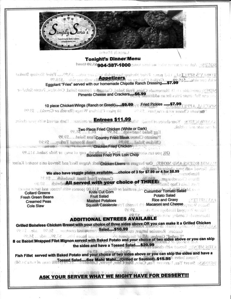 Menu at Simply Sara's desserts, Jacksonville, Corinthian Ave