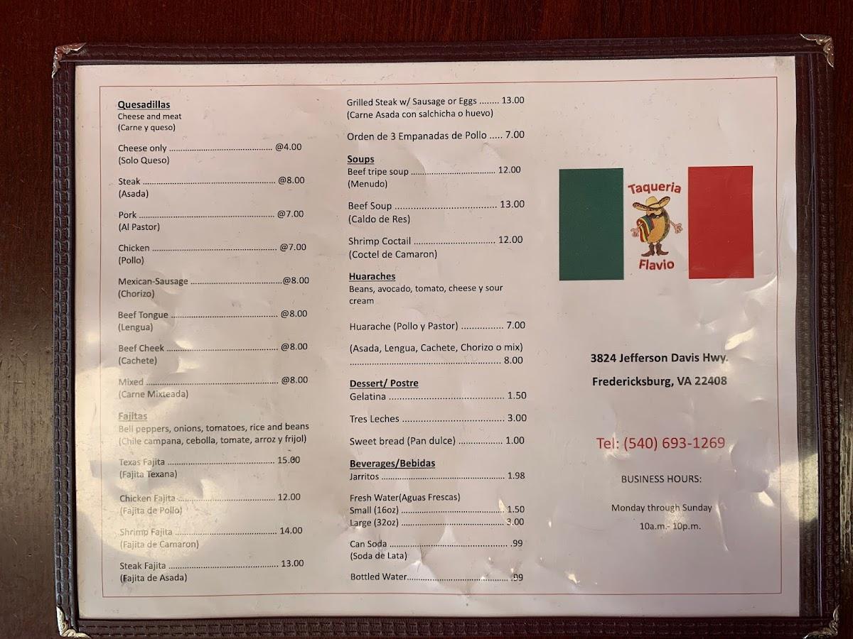 Menu at Taqueria Flavio restaurant, Fredericksburg, Patriot Hwy